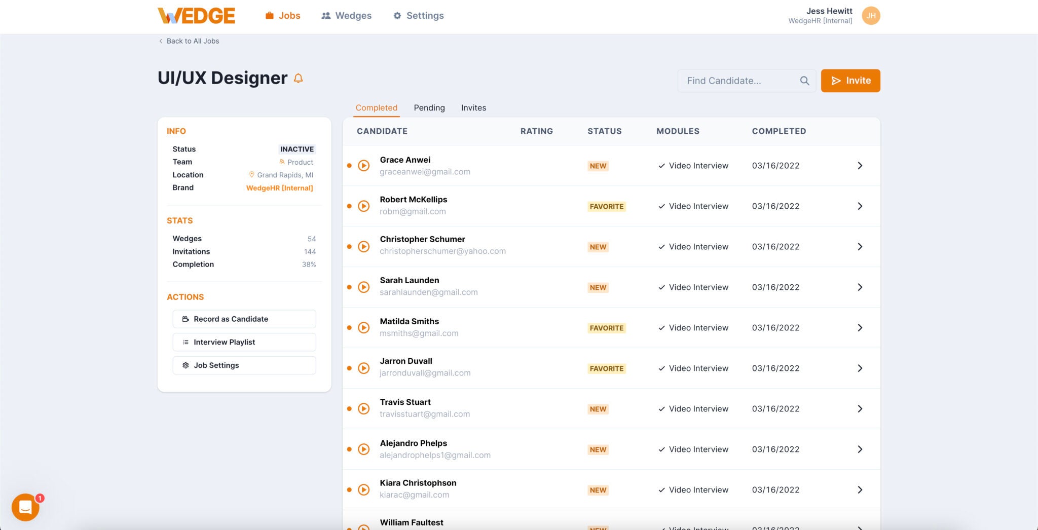 Wedge Video Interviewing Software | Lever Marketplace